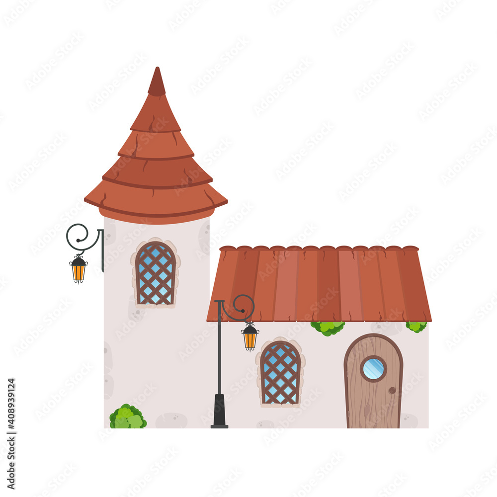 House with a tower. Stone building with windows, door and roof. Cartoon ...