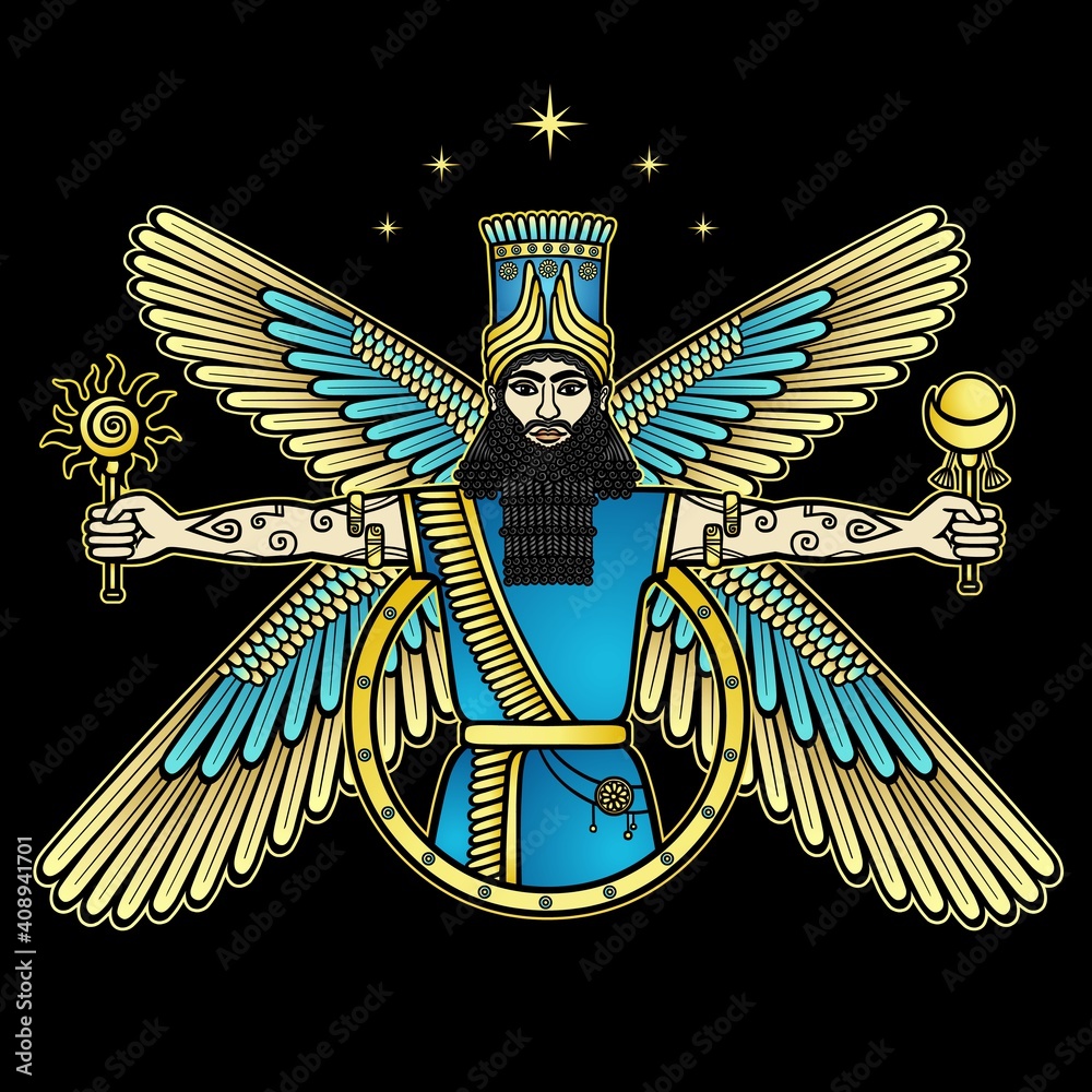 Cartoon color drawing: bearded man in a horned crown holds sun and moon ...