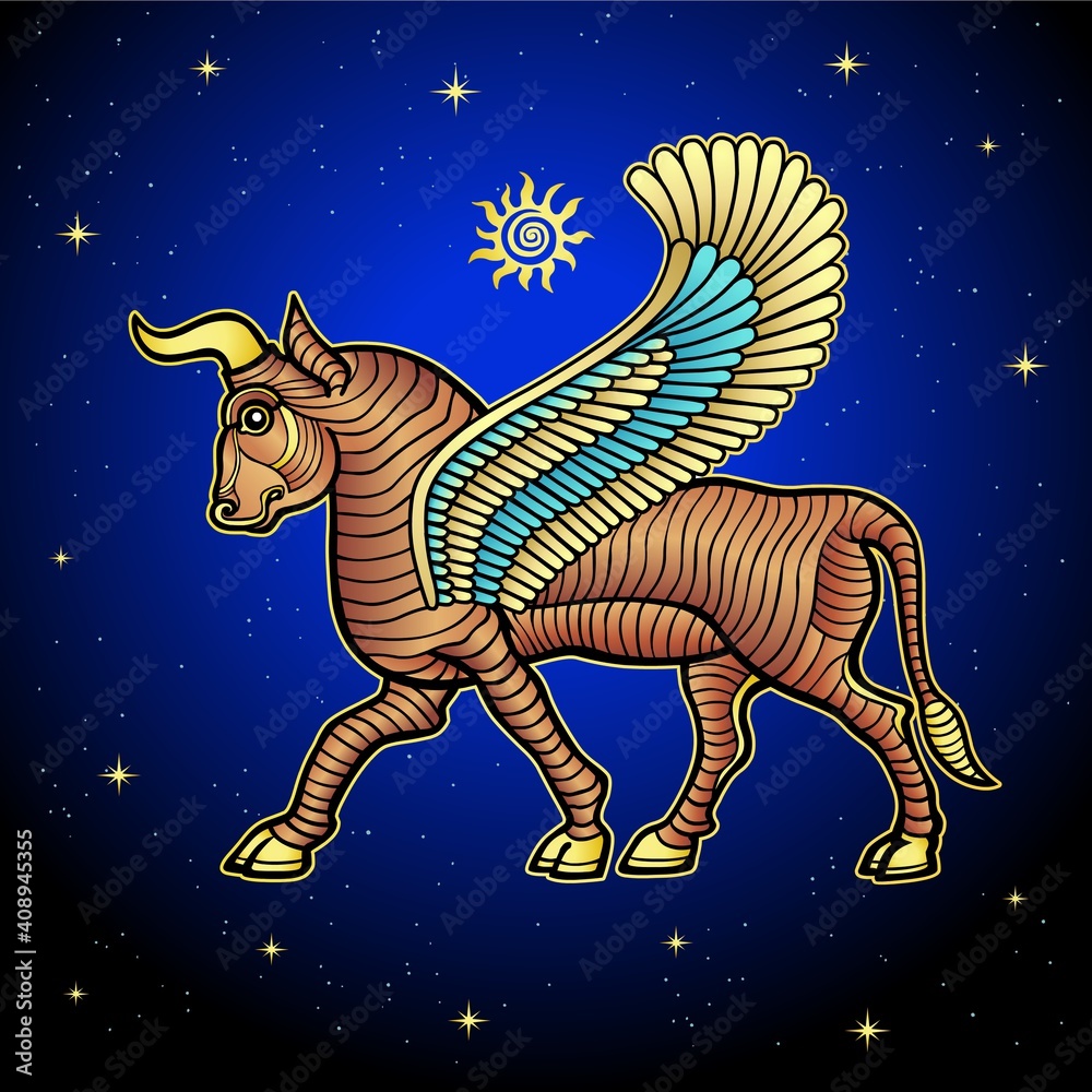Cartoon color illustration: winged bull. Character of Sumerian ...