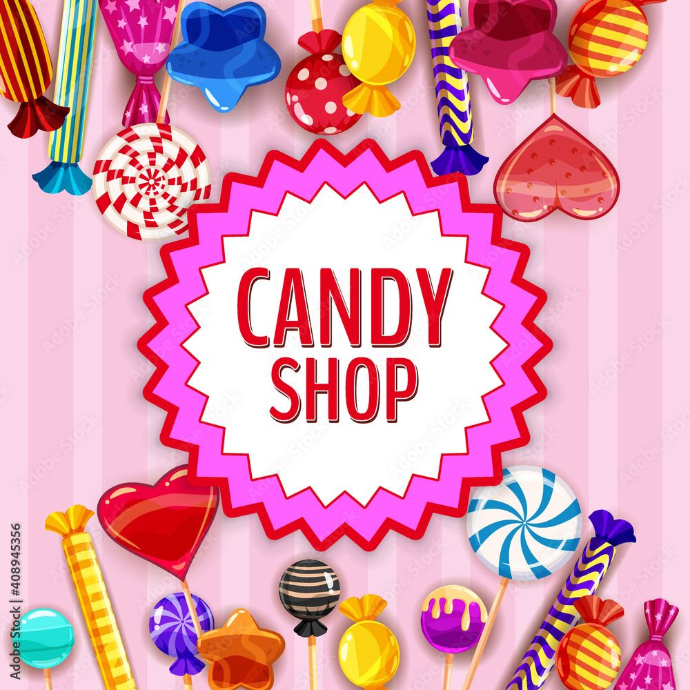 Candy Shop template set of different colors of candy, lollipops, sweets ...