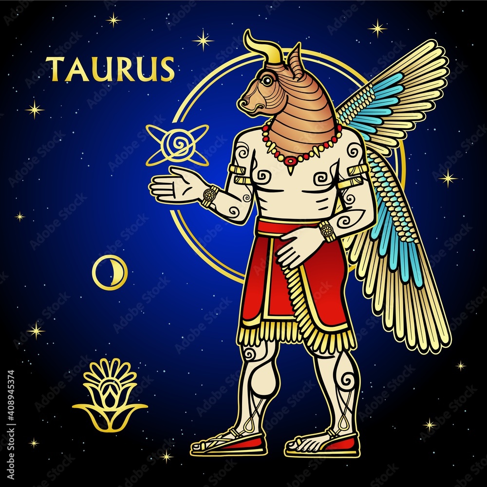 Cartoon color illustration: Zodiac sign Taurus. Character of Sumerian ...