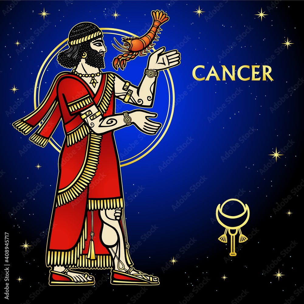 Cartoon color illustration: Zodiac sign Cancer. Character of Sumerian ...