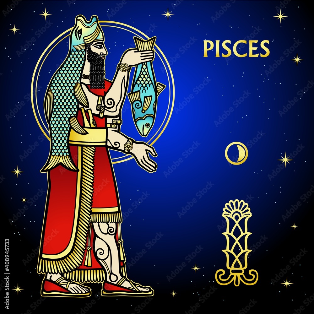 Cartoon color illustration: Zodiac sign Pisces. Character of Sumerian ...