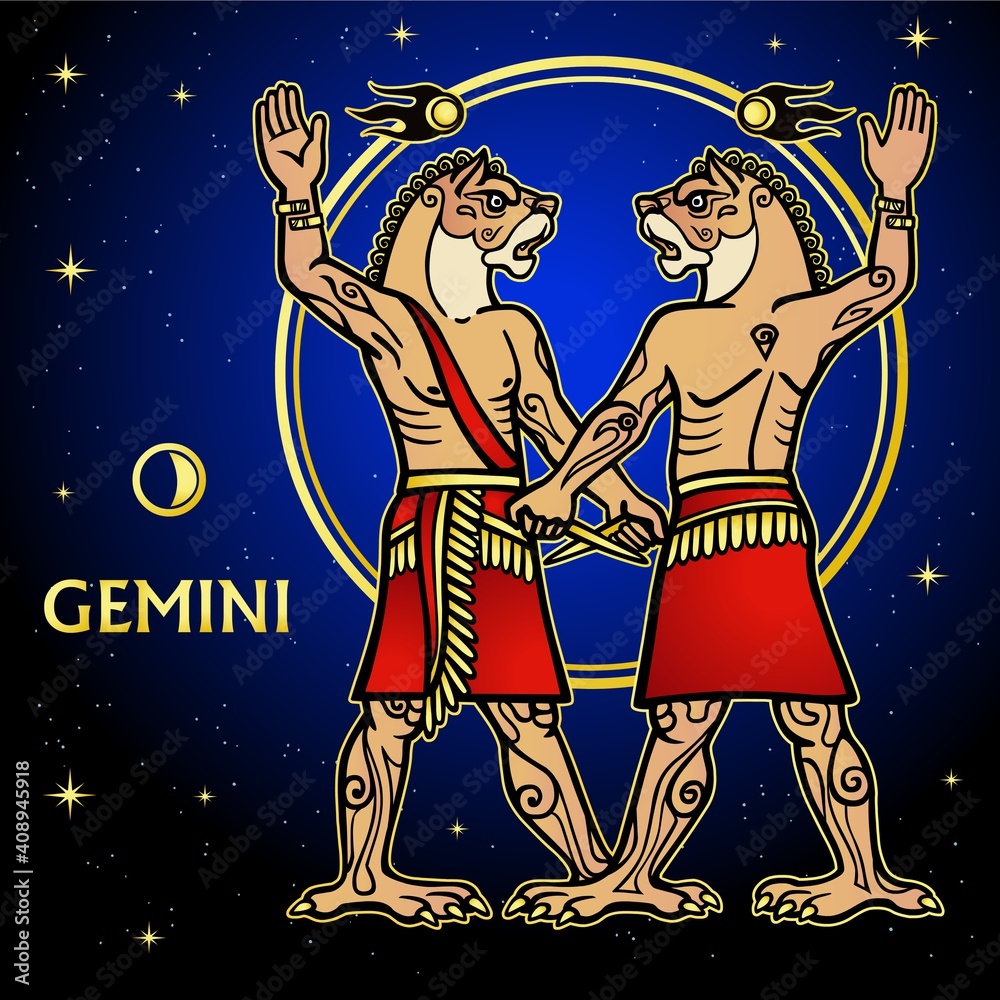 Cartoon color illustration: Zodiac sign Gemini. Character of Sumerian mythology. Full growth ...