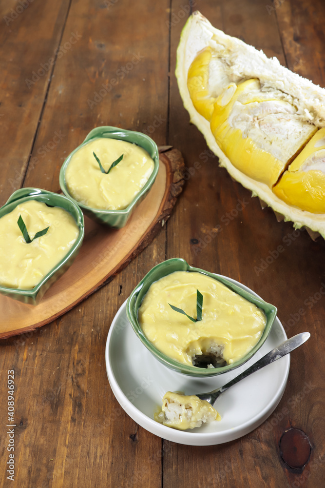 Ketan duren or durian lumer, an Indonesian traditional snack, which is ...