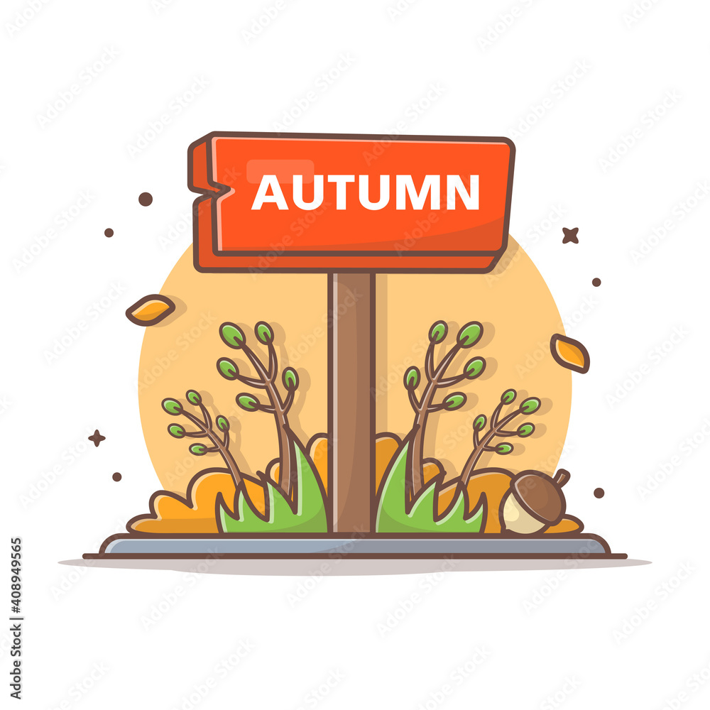 Autumn Sign with Foliage and Acorn Cartoon Vector Icon Illustration ...