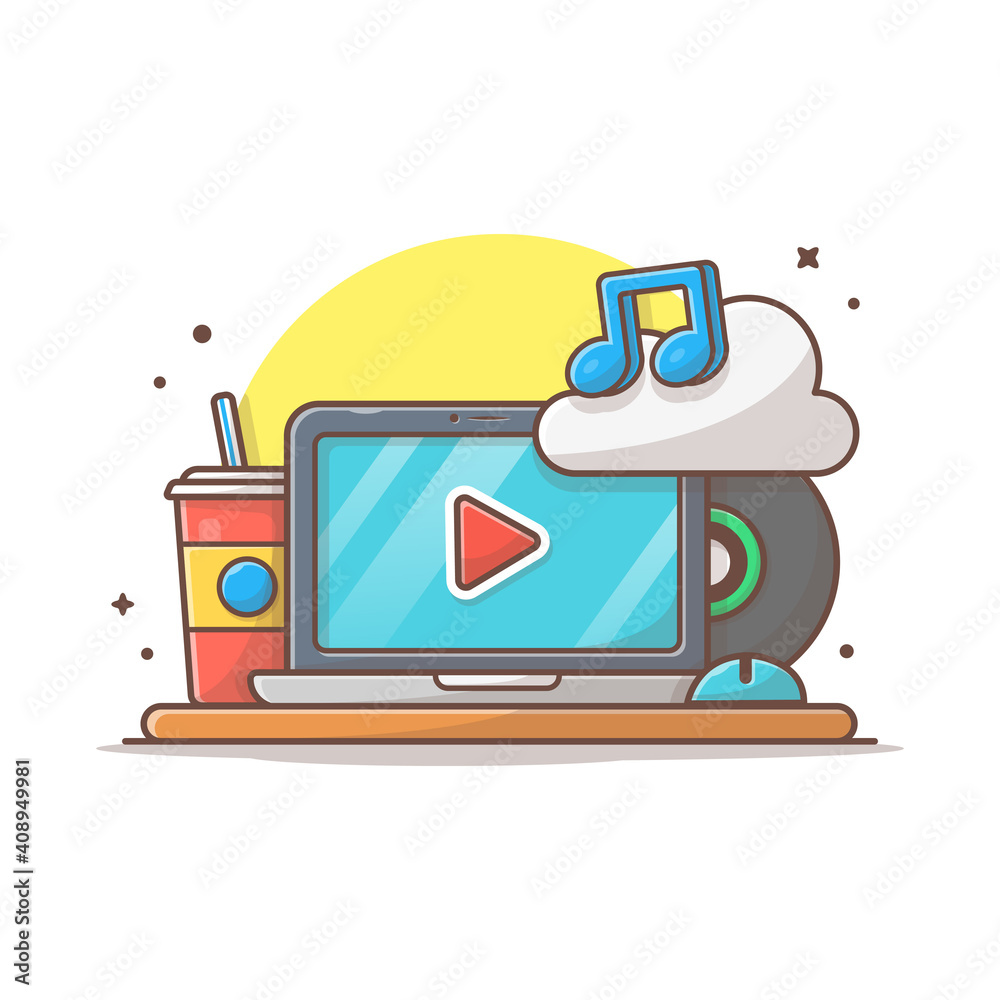 Cloud Music Icon with Laptop, Soda and Note of Music Cartoon Vector ...