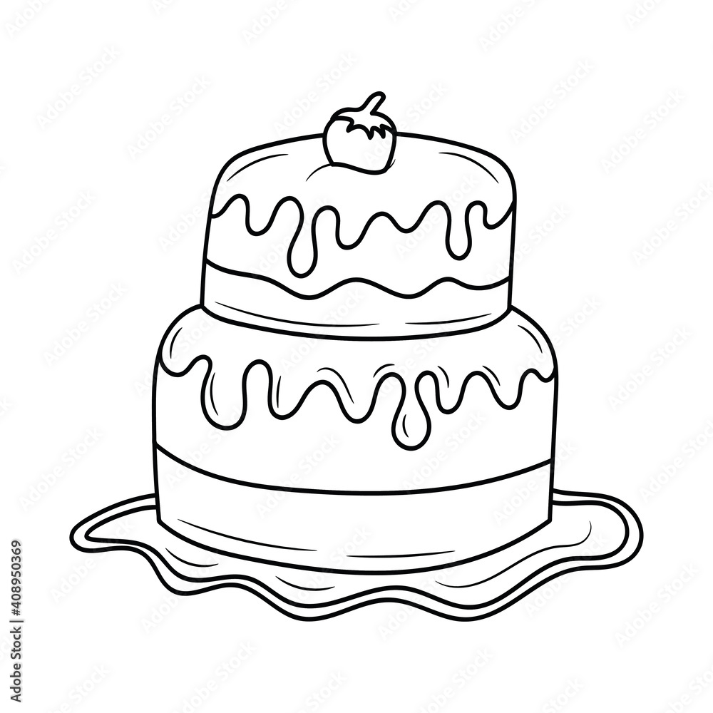 Birthday Cake Line art black and white vector illustration, linear ...