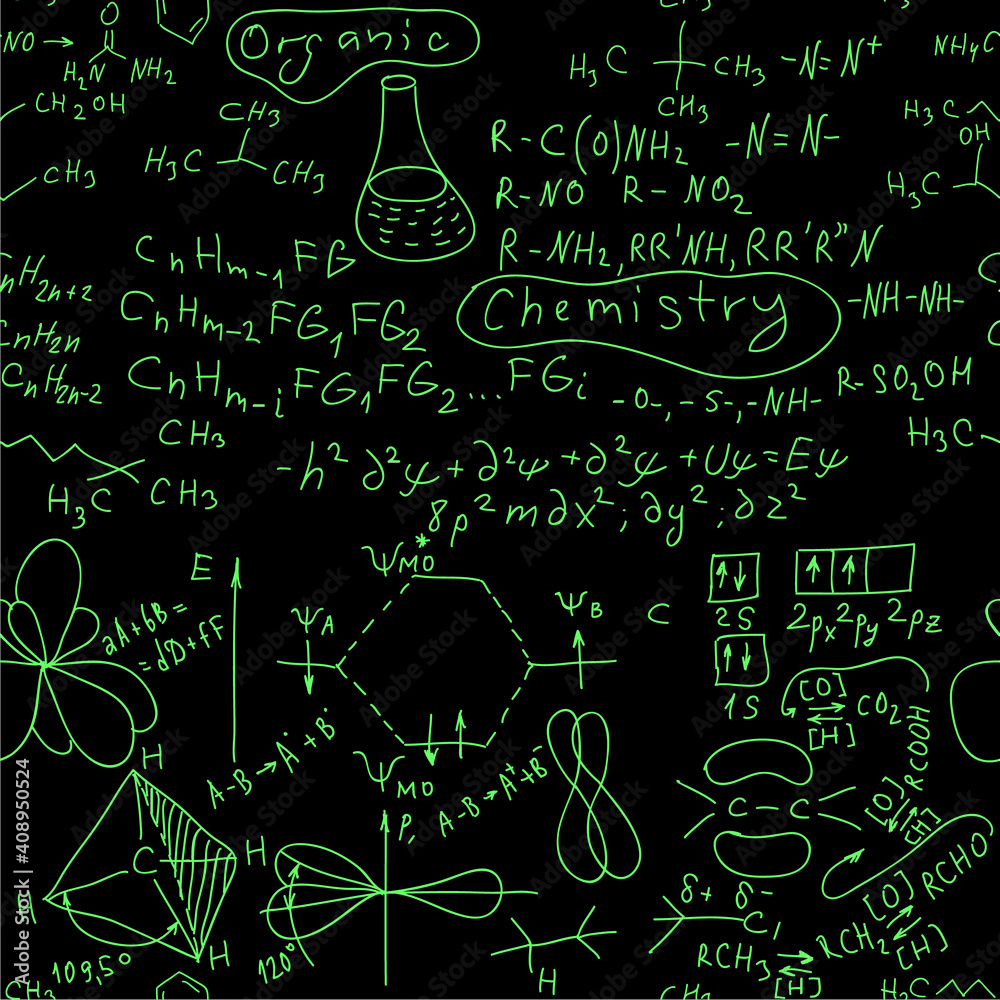 Seamless Organic chemistry formulas hand written green glow background ...