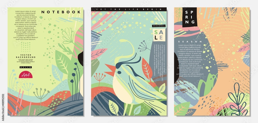 Spring banners and notebook covers designs. Kids illustration with ...