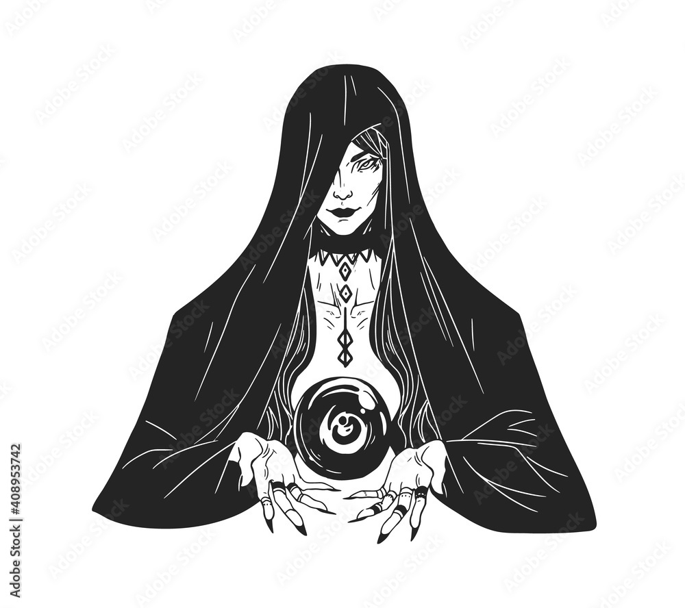 Witch divining and foretelling future with crystal ball. Woman ...