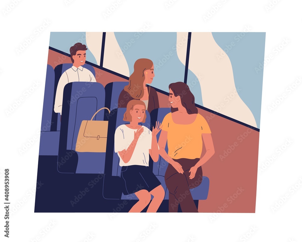 Happy people going by public transport. Passengers sitting inside bus ...