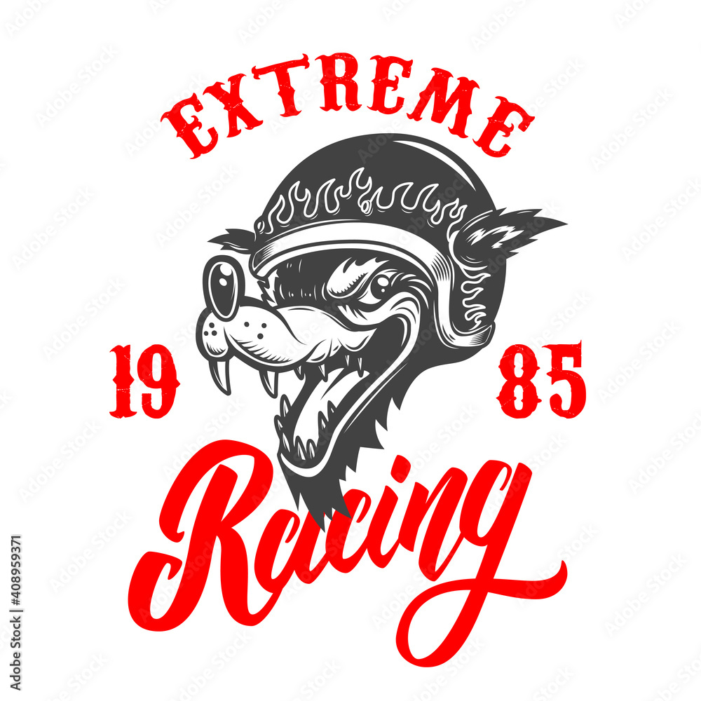 Extreme Racing. Emblem template with cartoon racer wolf. Design element ...