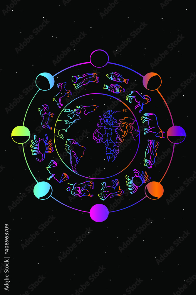 vector illustration, crystals and the solar system, moon phases. Sky ...