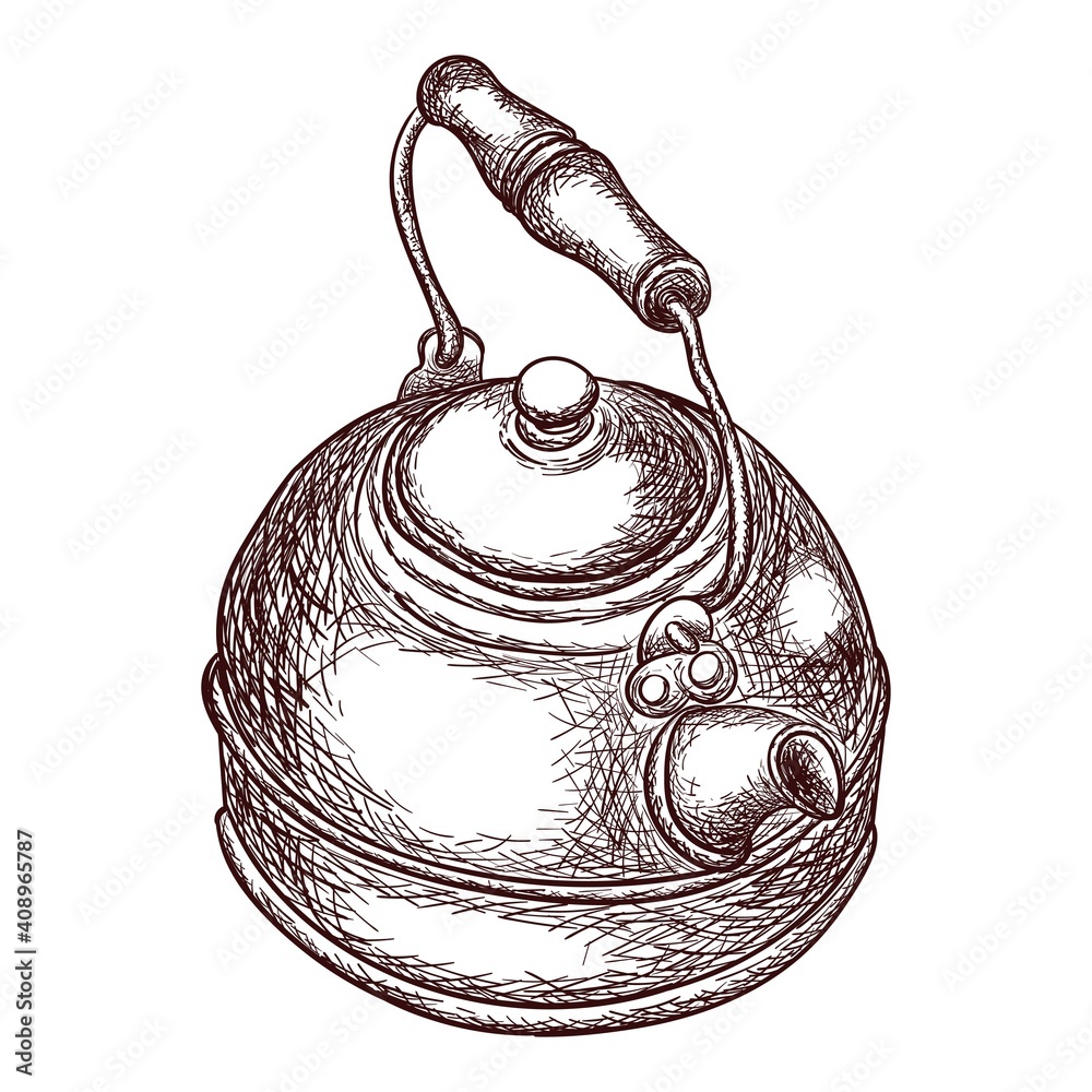 Copper teapot in sketch style, outline drawing isolated on white ...