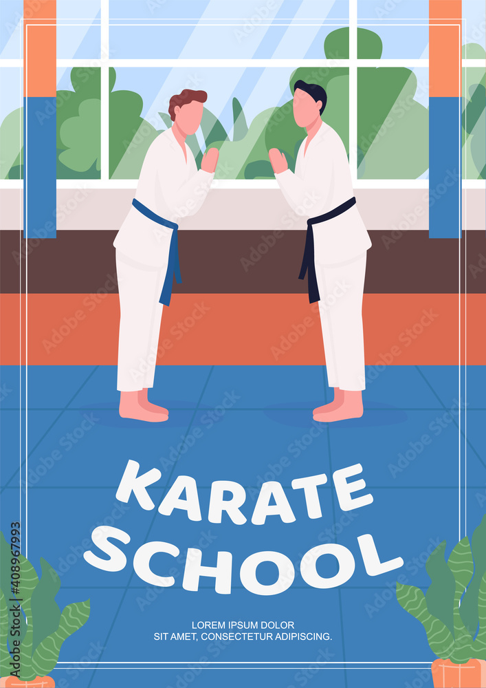 Karate school poster flat vector template. Self defending classes for ...