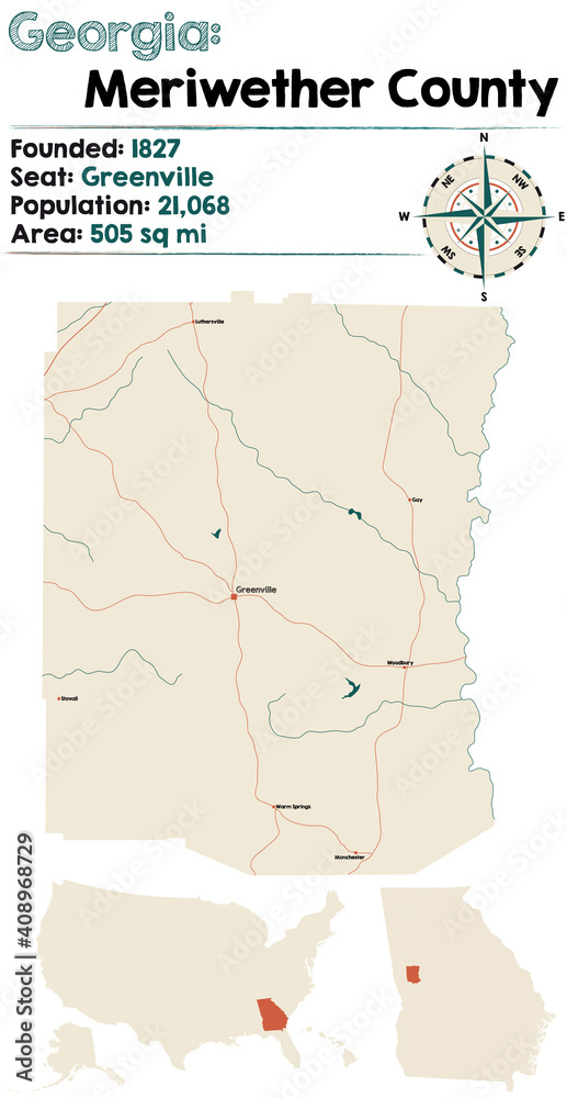Large and detailed map of Meriwether county in Georgia, USA. Stock ...