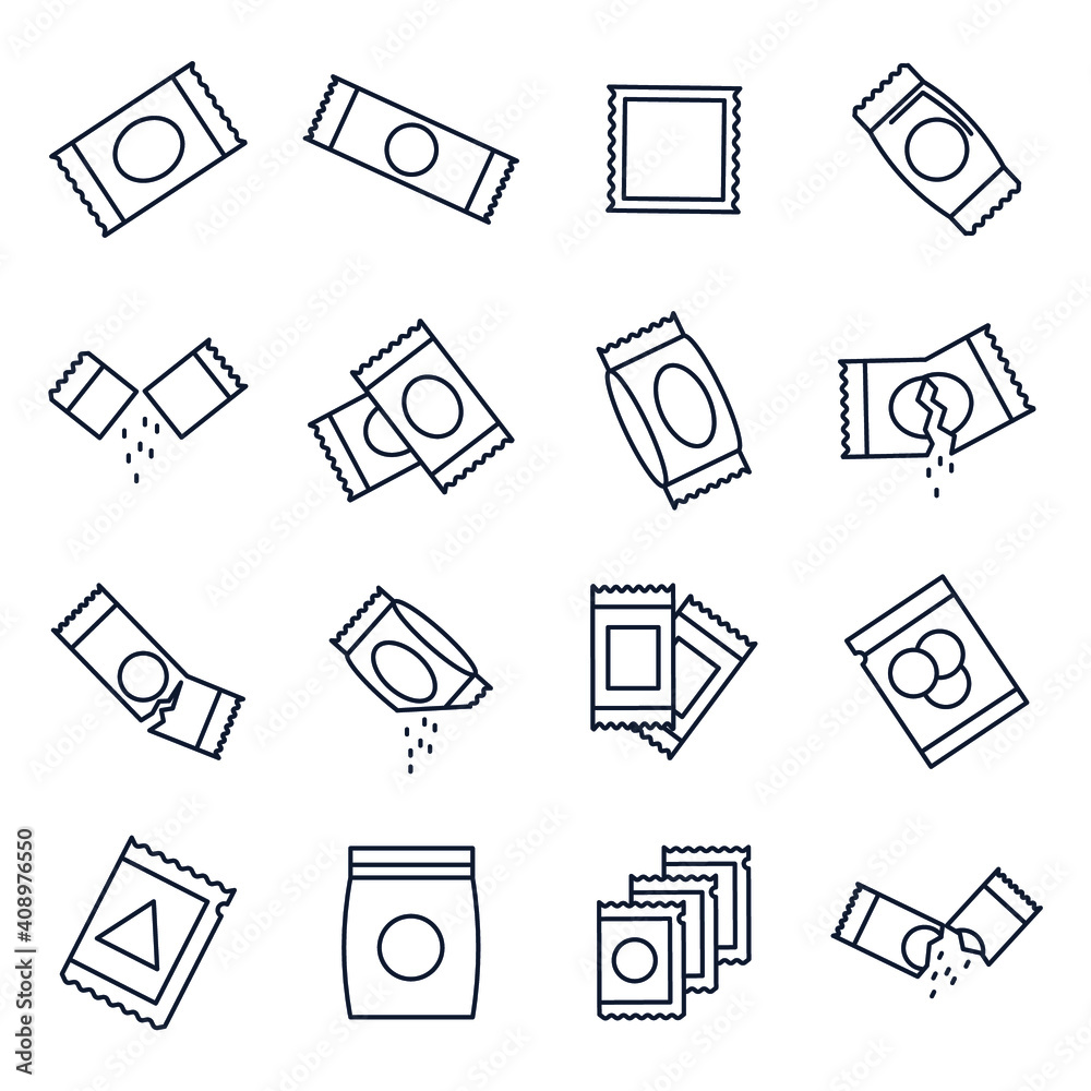 Vecteur Stock Sachet icons set. sugar powder packet icon pack. Packet ...