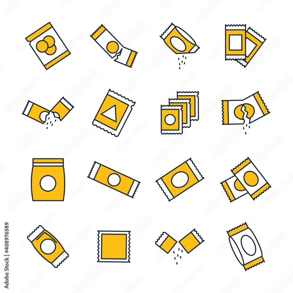 Sachet icons set. sugar powder packet icon pack. Packet soluble powder ...