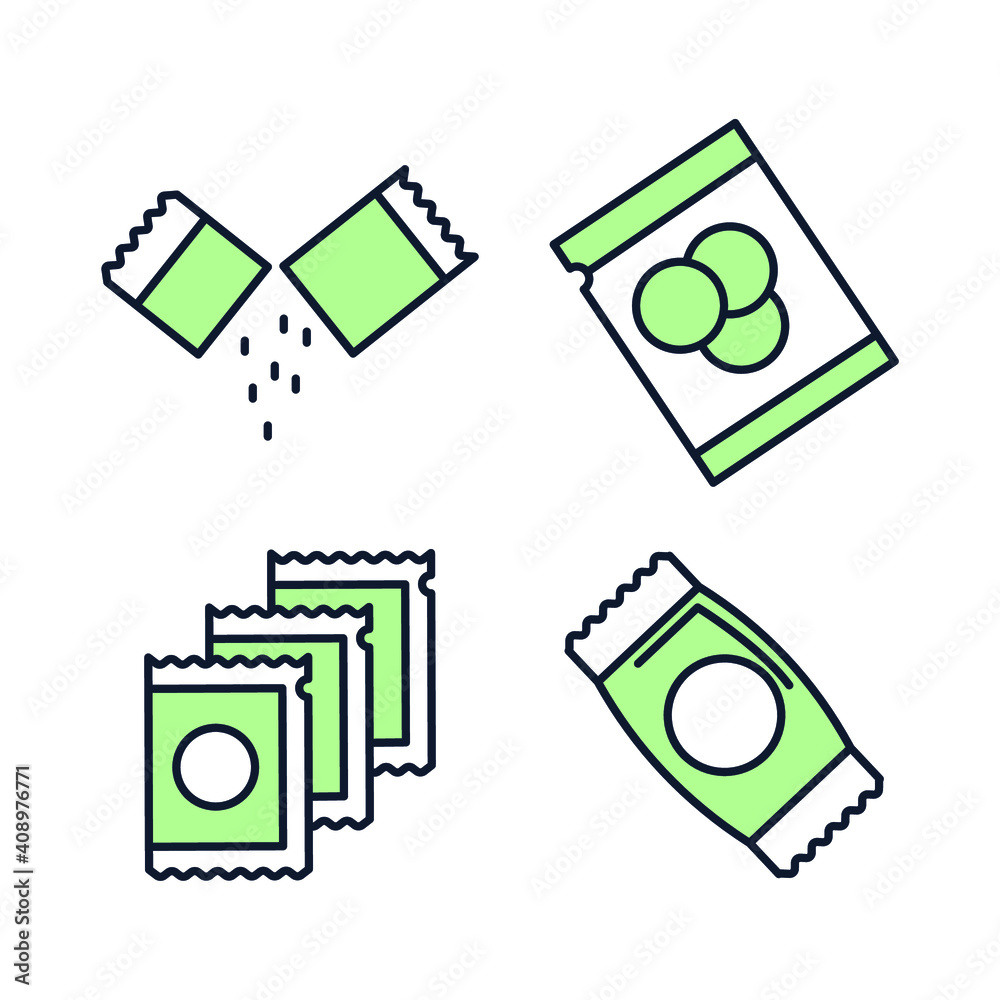 Sachet icons set. sugar powder packet icon pack. Packet soluble powder ...