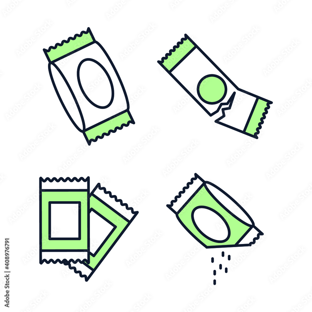 Sachet icons set. sugar powder packet icon pack. Packet soluble powder ...