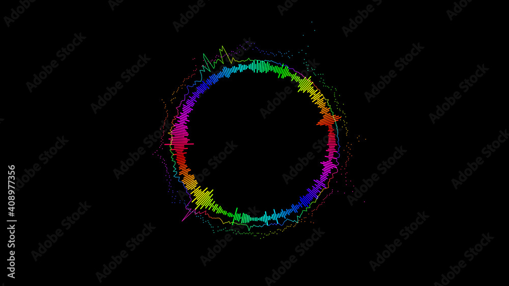 Abstract circular spinning spectral wave design on black background vibrating spectrum wave form ...