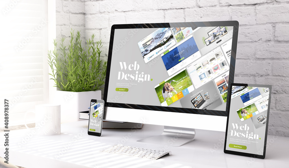 mockup devices on a desktop web design Stock Illustration | Adobe Stock