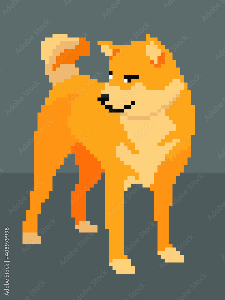 Vector pixel art Shiba Inu dog isolated on gray background. Stock ...