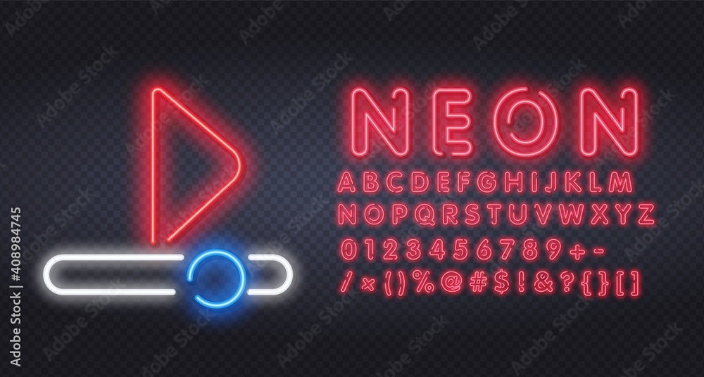 Play neon sign with alphabet. Red play button on brick wall background ...