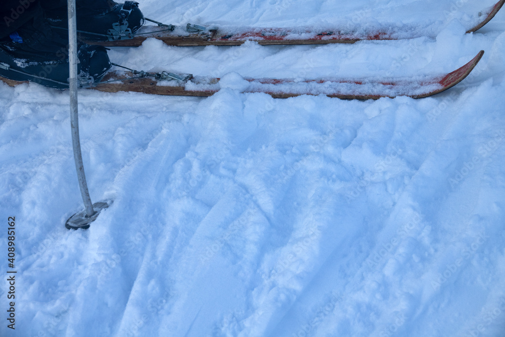 Skier's legs and skis (side position). Tourist skier on a long distance ...