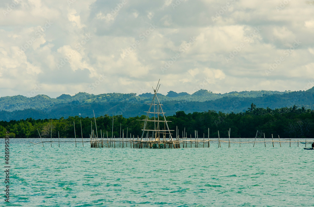 A fish pen off the coast of Tubigon, Bohol, Philippines. An enclosure ...