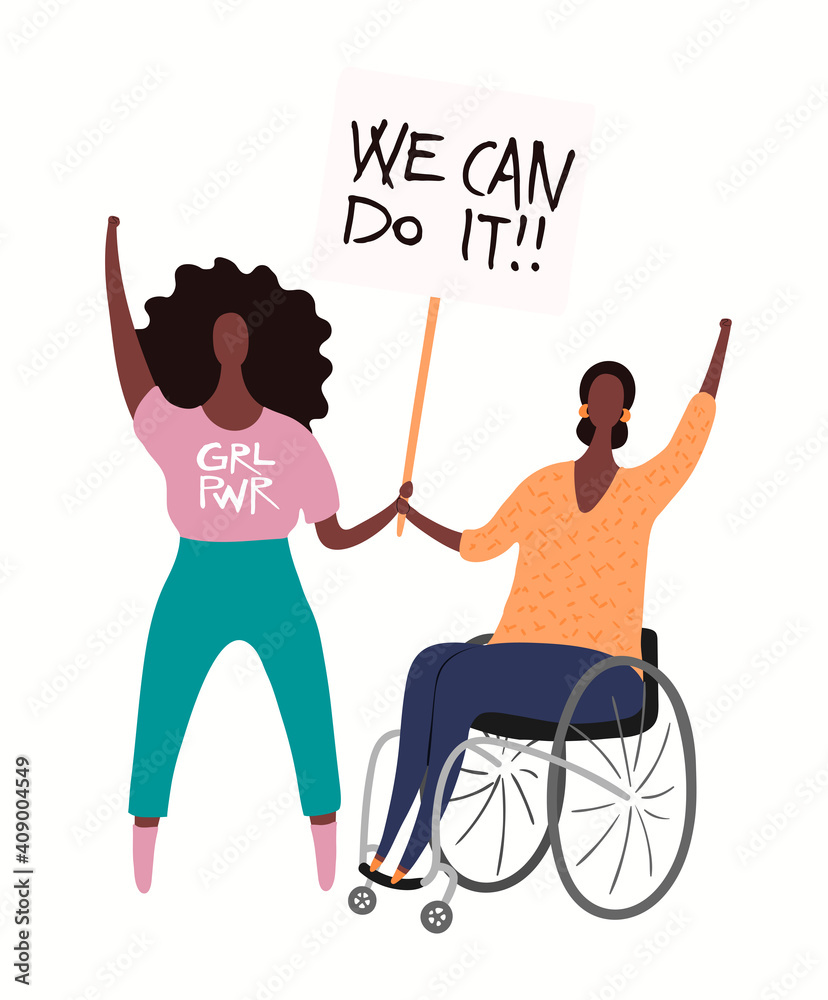 Beautiful black women holding a placard together. Hand drawn vector ...