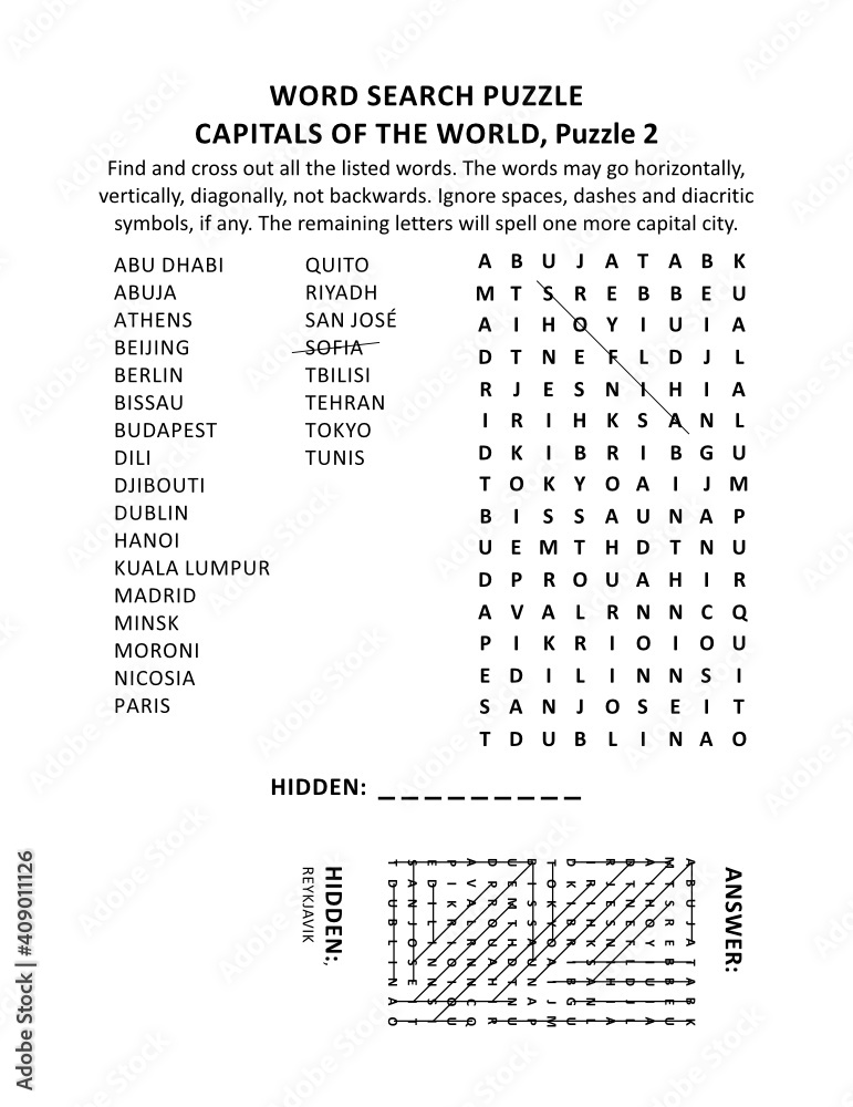 Capitals of the world word search puzzle or word game (English language ...