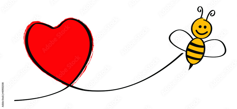 Flying bee route with heart. Love hearts symbol. happy bee smile face ...