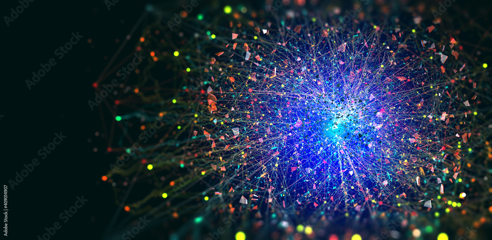 Abstract neural network 3D illustration. Big data concept. Global database and artificial ...