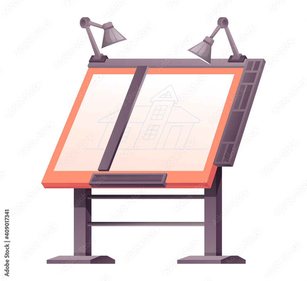 Workstation with graphic design of house on paper in office. Business ...