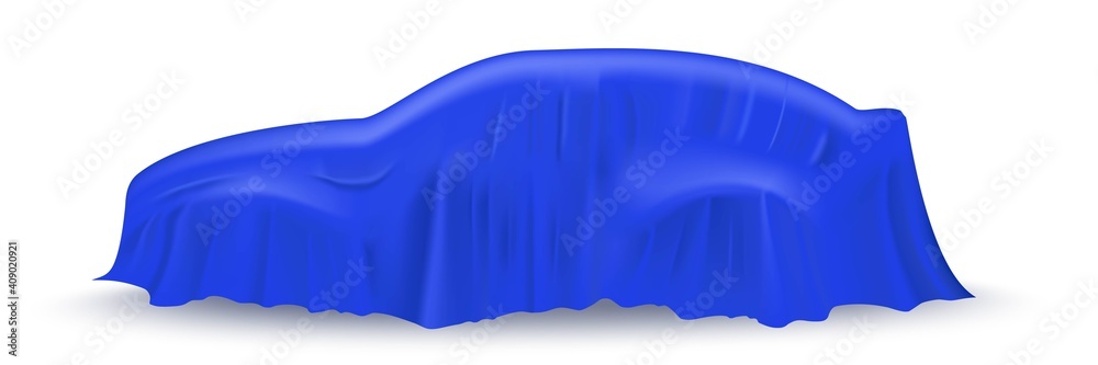 Blue cloth drapery covering car. Silk fabric hanging on gift for ...