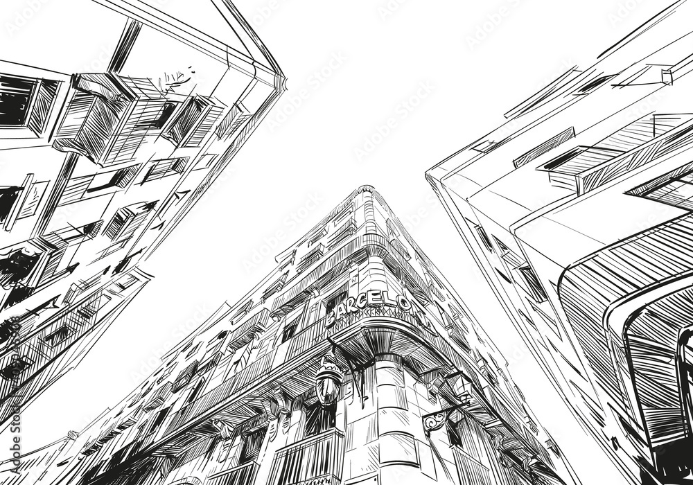 Spain. Barcelona. Architecture. Hand drawn city sketch. Vector ...