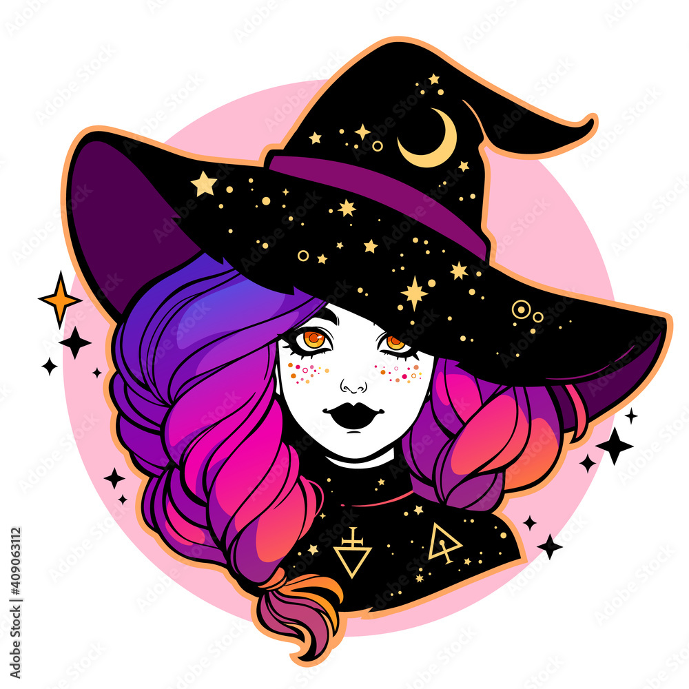cute young witch with beautiful iridescent hair Stock Vector | Adobe Stock