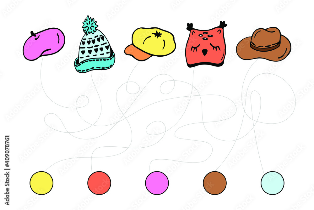 Match the color of the hats. Developmental tasks for children. Matching ...