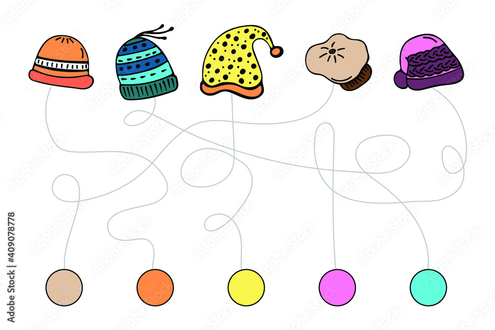 Match the color of the hats. Developmental tasks for children. Matching ...