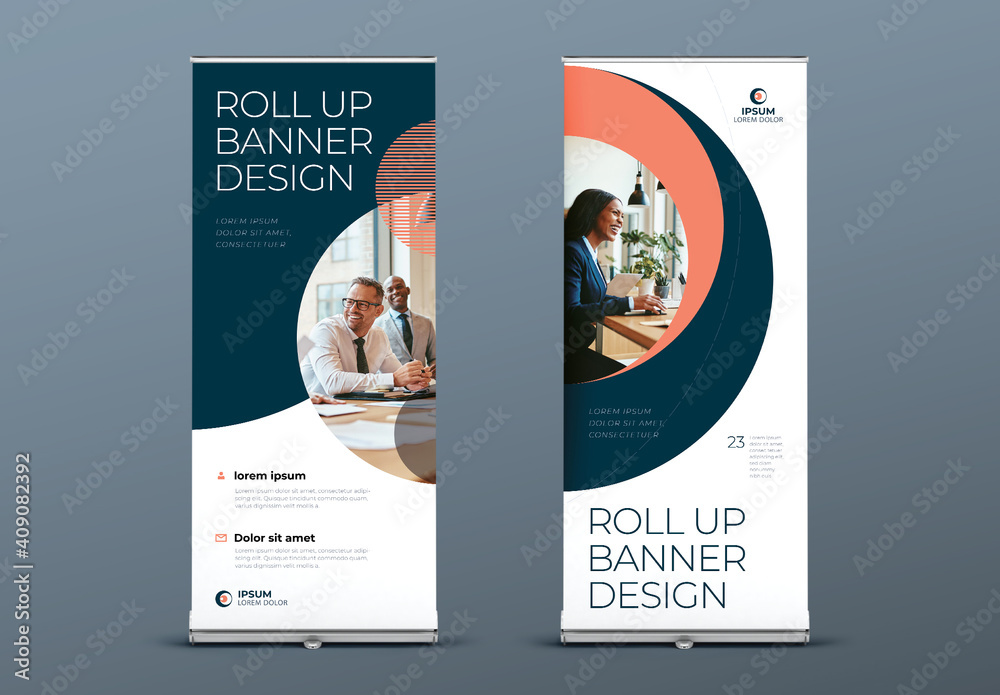 Retractable Banner Layout with Coral and Blue Circle Elements Stock ...