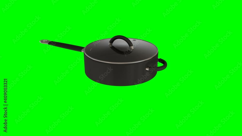 Animated rotating around non stick skillet or deep pan with glass lid ...