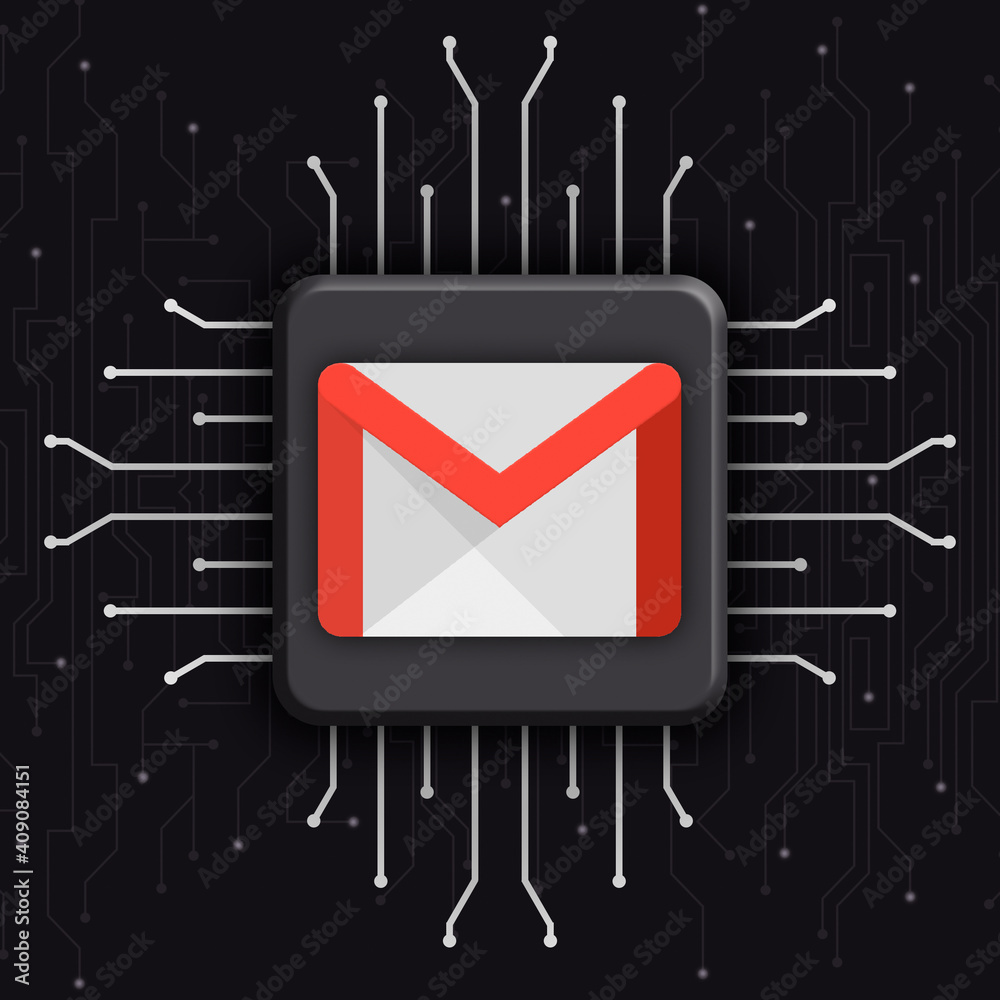 Gmail logo icon on realistic cpu technology background 3d rendering ...