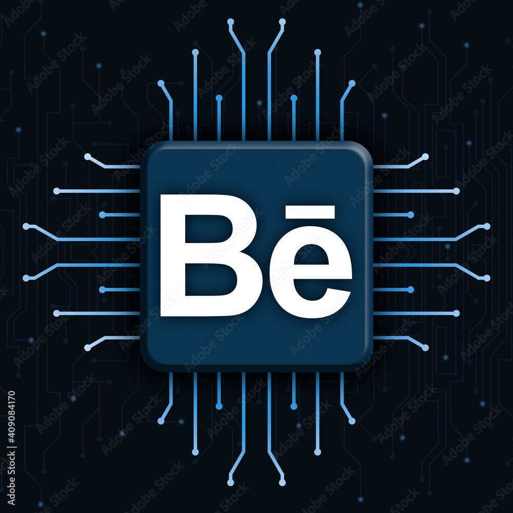 Behance logo icon on realistic cpu technology background 3d rendering ...