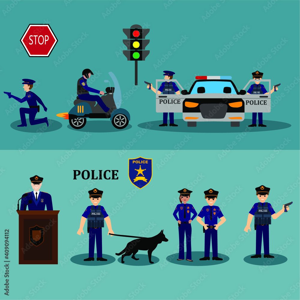 Police vector illustration set. Cartoon flat policeman and criminal ...