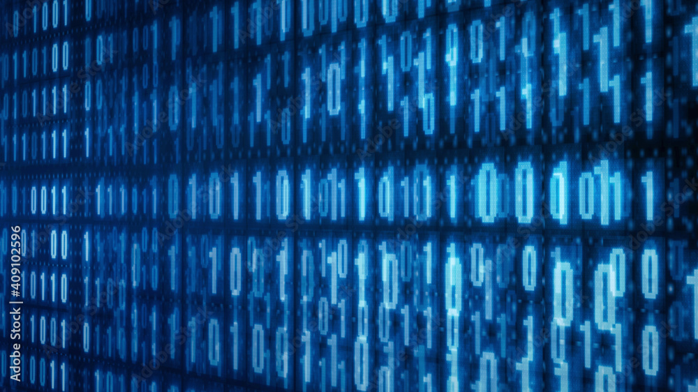 Binary code data visualization, texture. Angled view 3D illustration ...