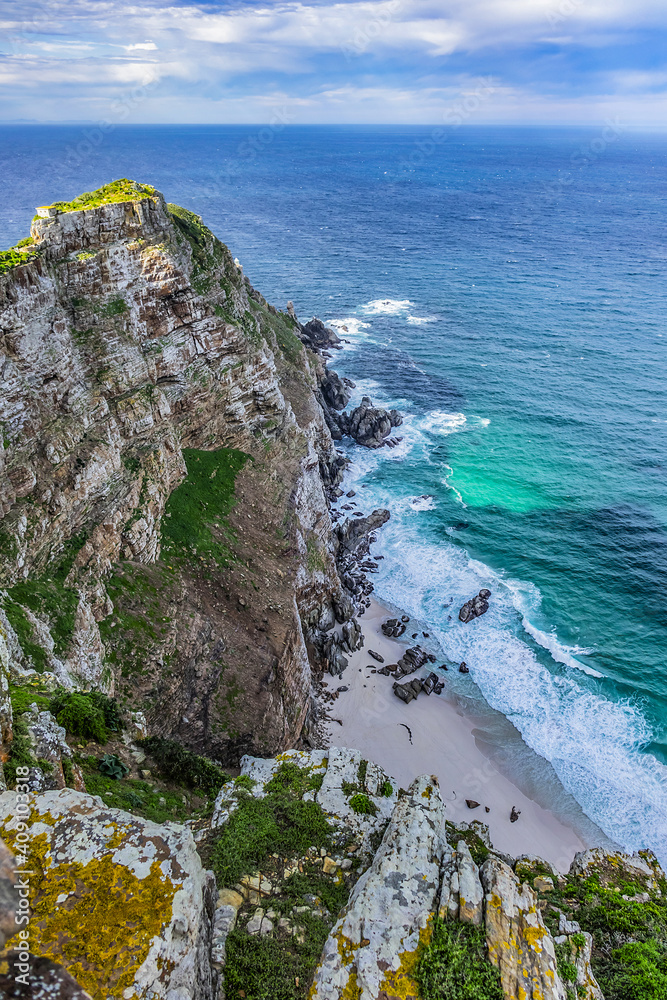 Rugged rocks and steep cliffs of Cape Point in the Cape of Good Hope ...