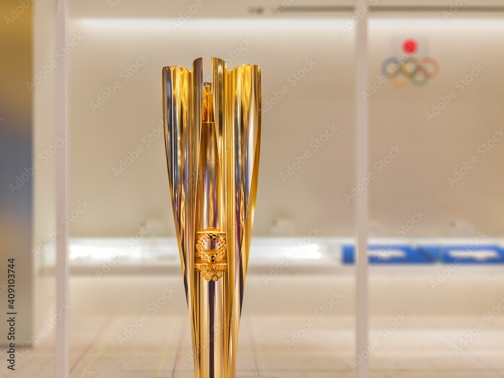 tokyo, japan - january 15 2020: Close up on the torch of the Tokyo 2020 ...