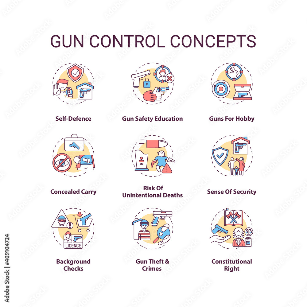 Gun control concept icons set. Self defense. Safety education ...